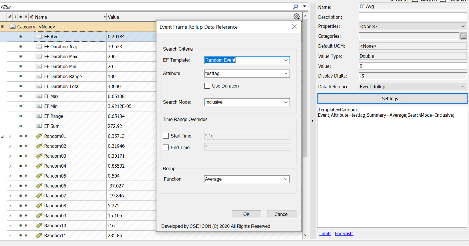 Event Frame Rollup Custom Data Reference